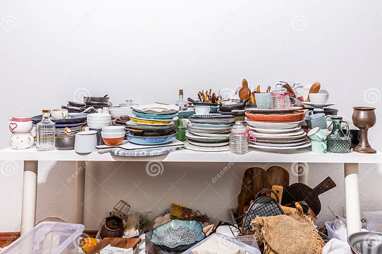 Kitchen Clutter, Utensils and Kitchenware on a Table. Concept of ...