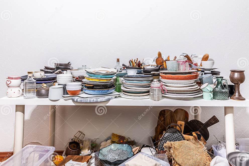 Kitchen Clutter, Utensils and Kitchenware on a Table. Concept of ...