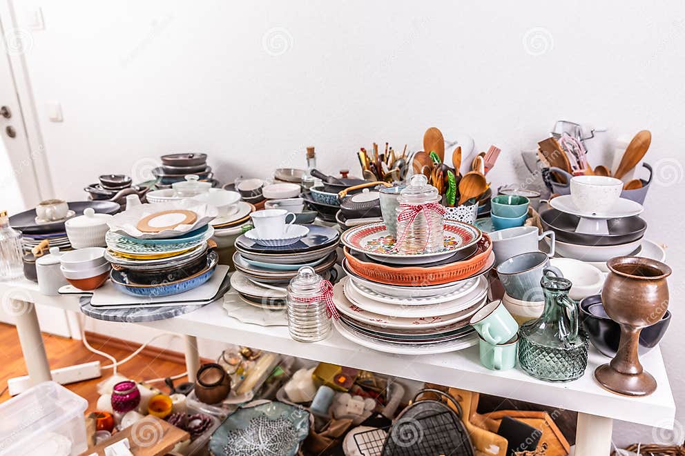 Kitchen Clutter, Utensils and Kitchenware on a Table. Concept of ...