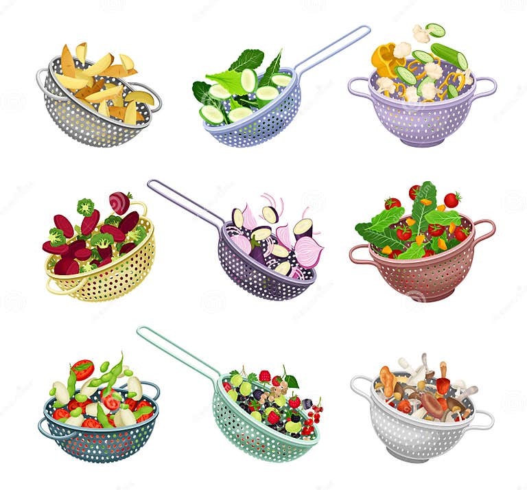Kitchen Colanders or Strainers with Vegetables and Greenery Vector Set ...