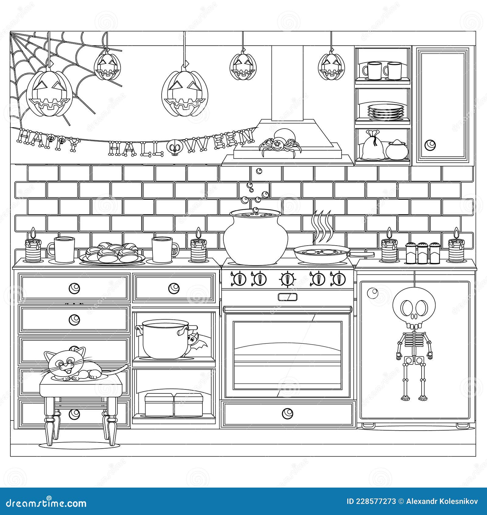 Kitchen Set Coloring Page Template Vector Illustration | CartoonDealer ...