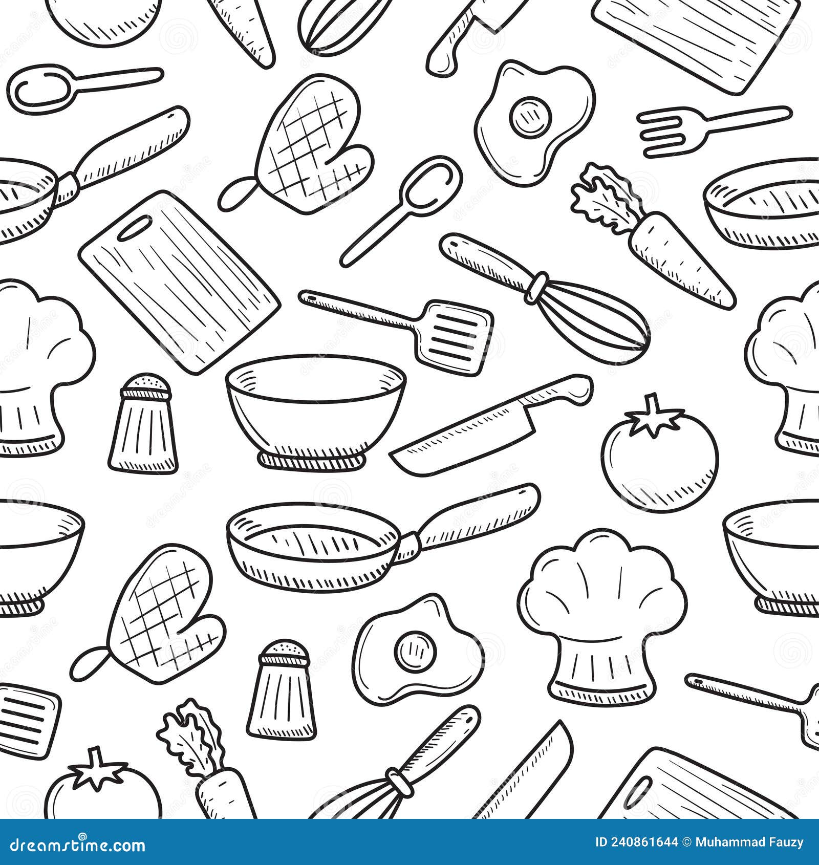 Kitchen and Cooking Doodle Seamless Pattern with Black and White Color ...