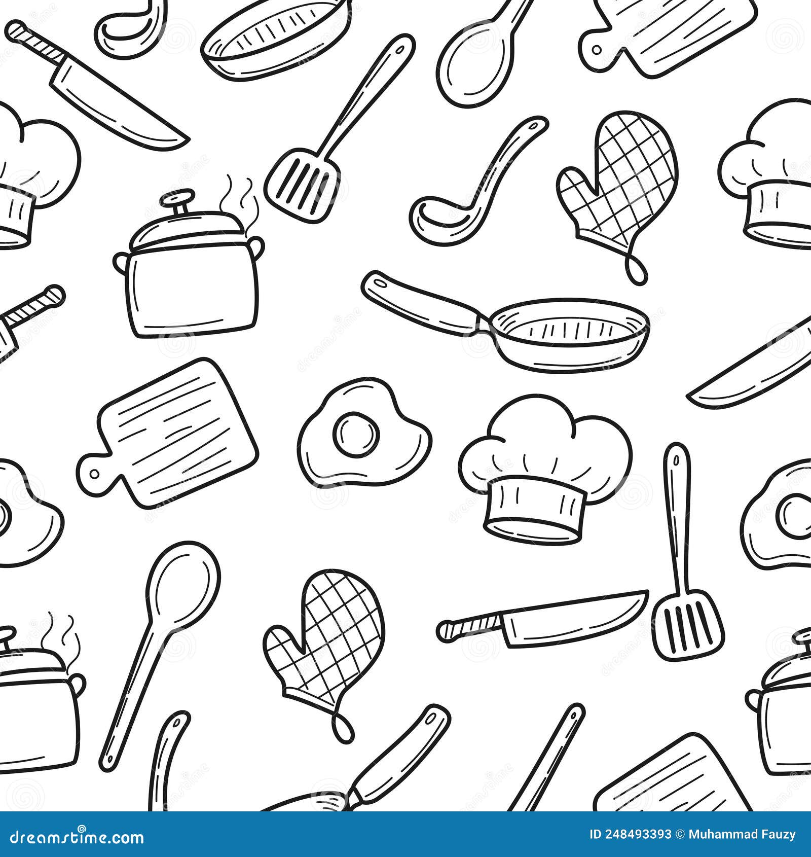 Kitchen and Cooking Doodle Seamless Pattern in Black and White Color ...