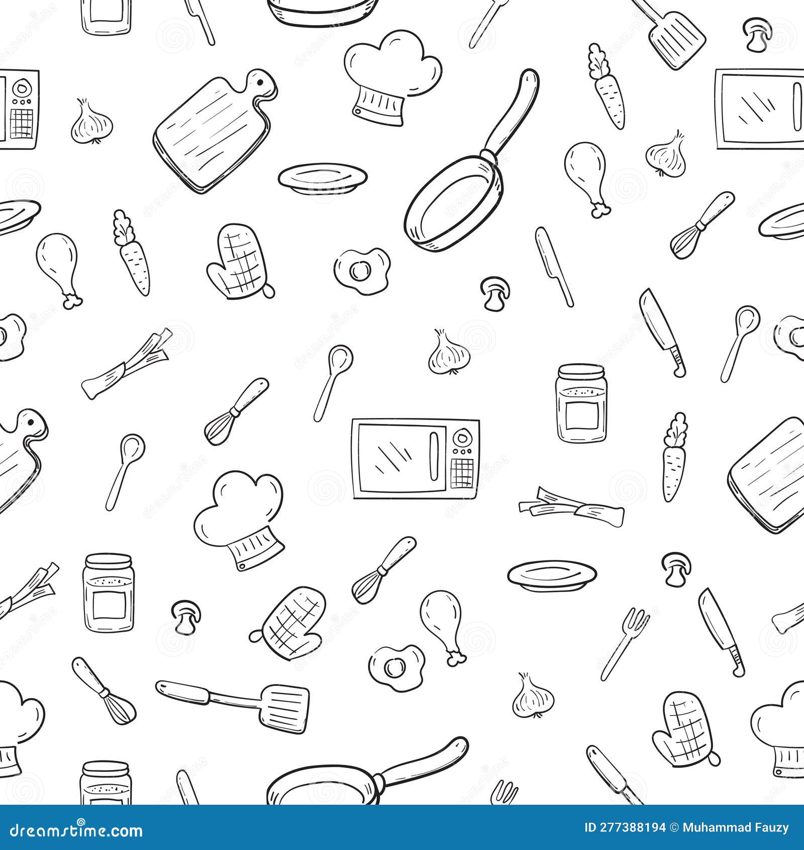 Kitchen and Cooking Seamless Pattern with Cute Black and White Doodle ...