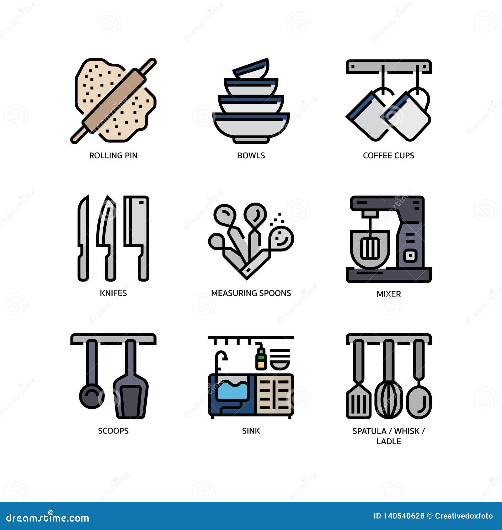 Kitchen and cookware icons stock vector. Illustration of knife - 140540628
