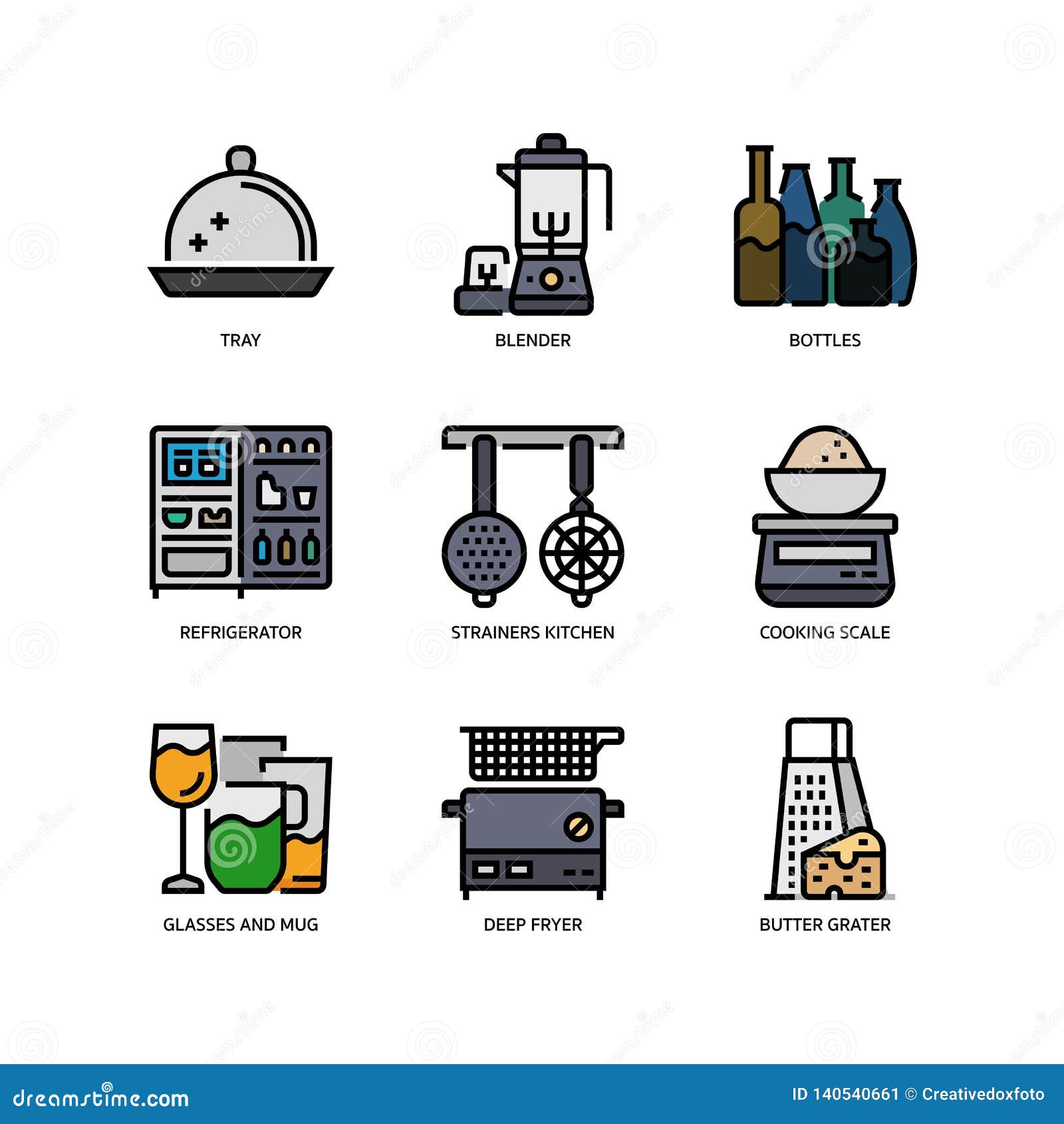 Kitchen and cookware icons stock vector. Illustration of bowl - 140540661