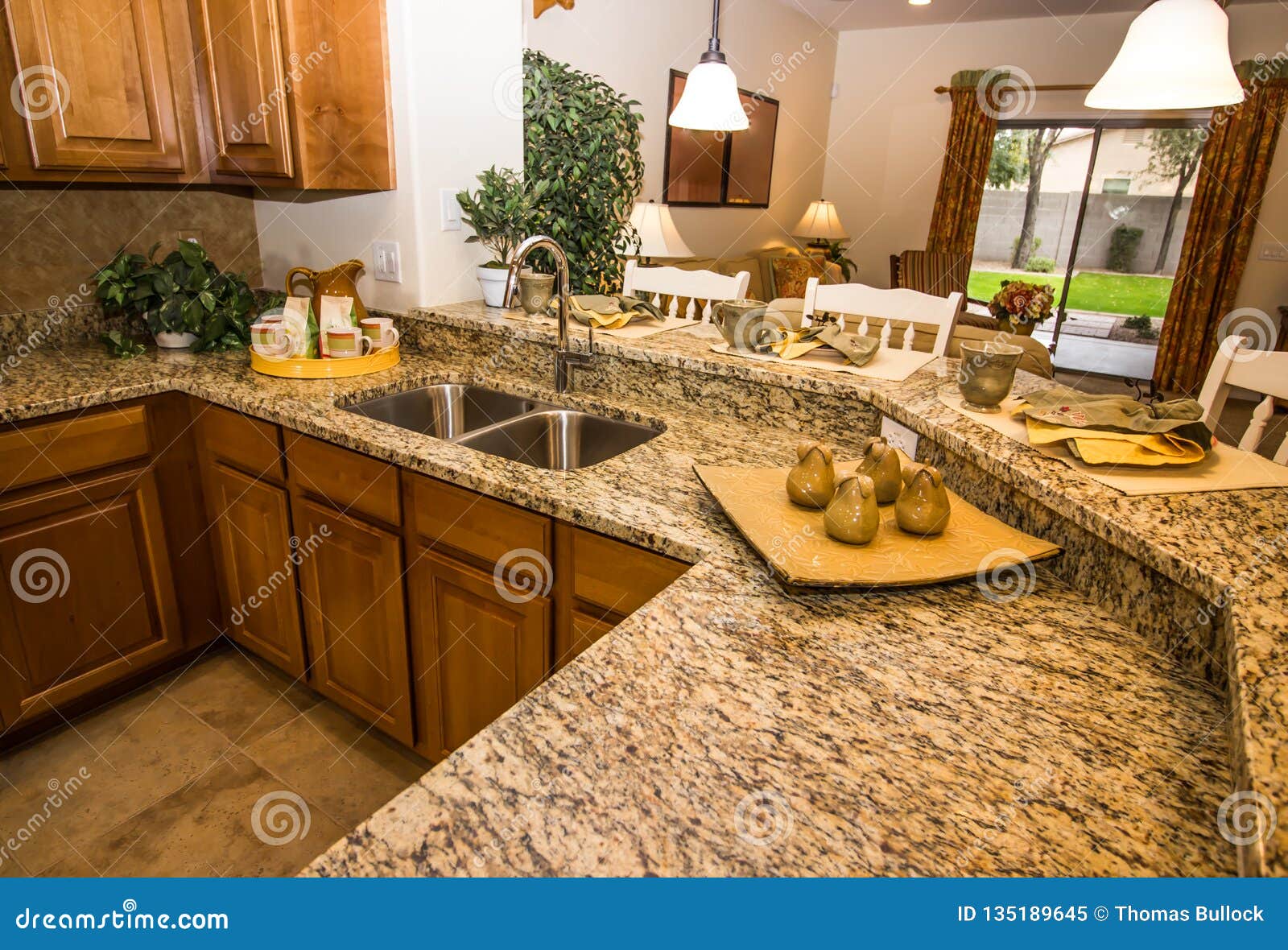 Kitchen Counter Bar with Place Settings Stock Image - Image of pots ...