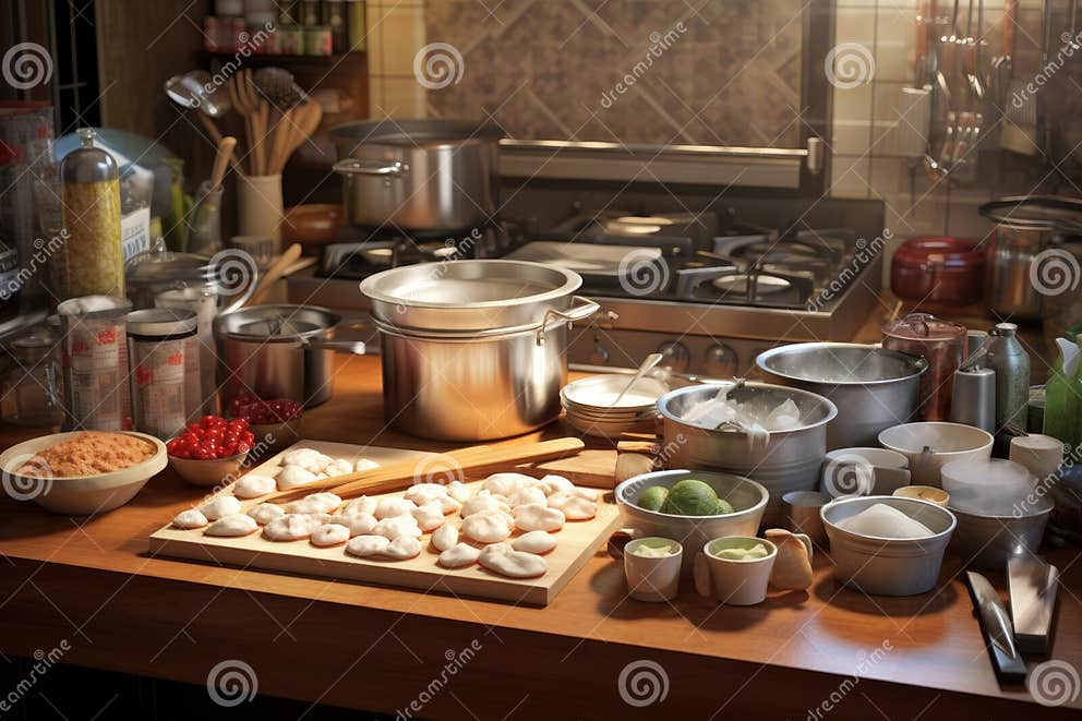 Kitchen Counter with Dim Sum Making Tools and Ingredients Stock Photo ...