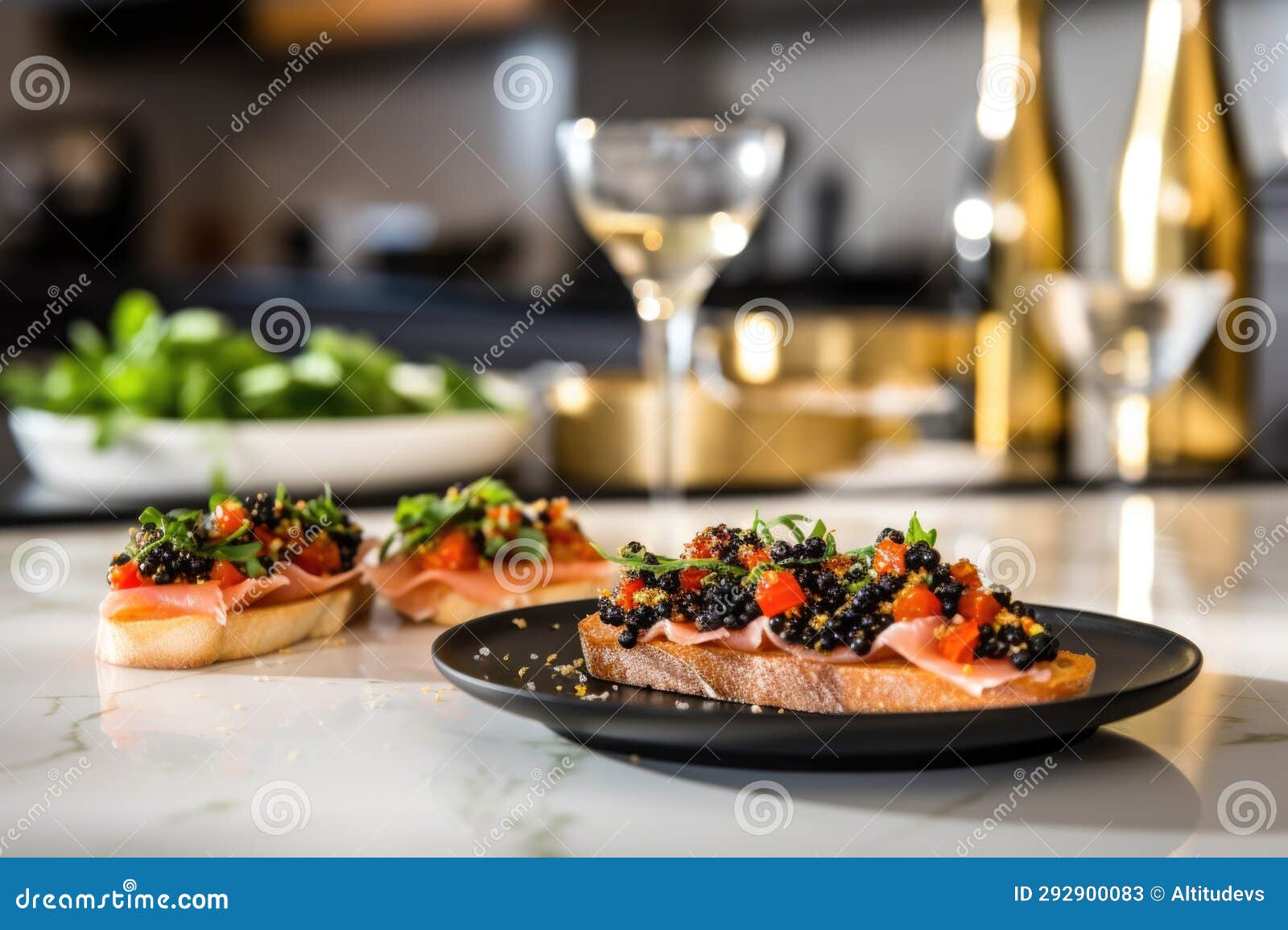 Kitchen Counter with Dish of Bruschetta Topped with Caviar Stock Image ...