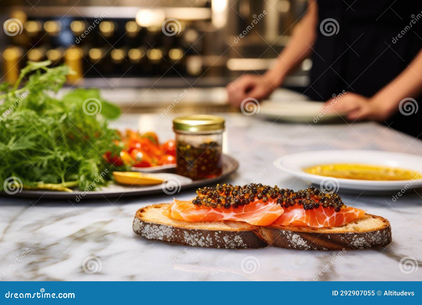 Kitchen Counter with Dish of Bruschetta Topped with Caviar Stock Image ...