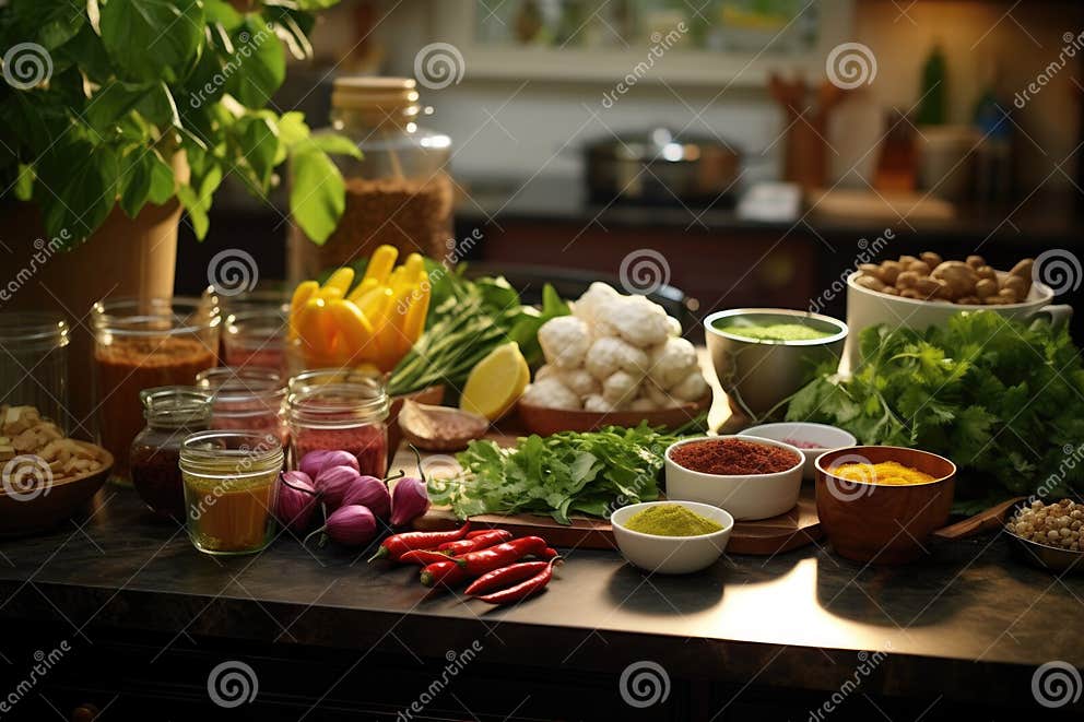 Kitchen Counter with Ingredients for Curry Prep Stock Photo - Image of ...
