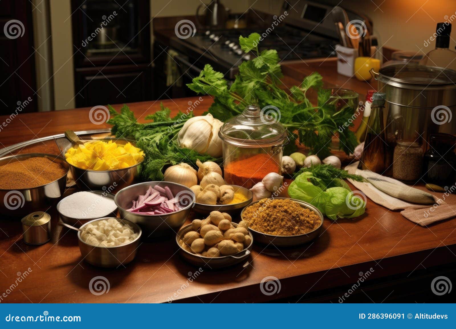 Kitchen Counter with Ingredients for Curry Prep Stock Image - Image of ...