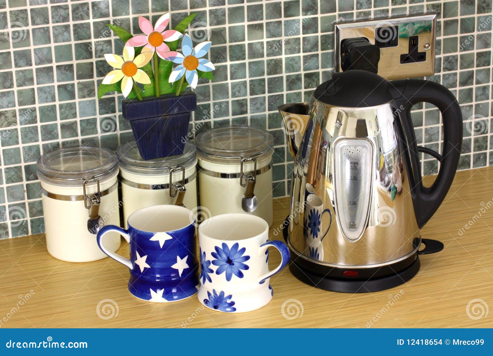 Kitchen Counter with Kettle and Cups and Flowers Stock Photo - Image of ...