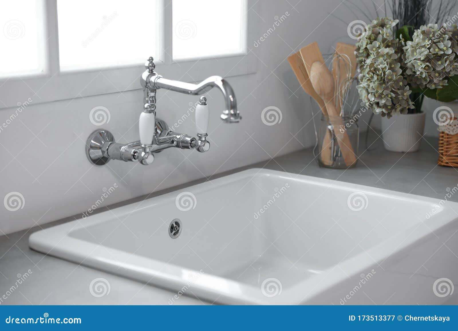 Kitchen Counter with Ceramic Sink and Tap Stock Image - Image of ...