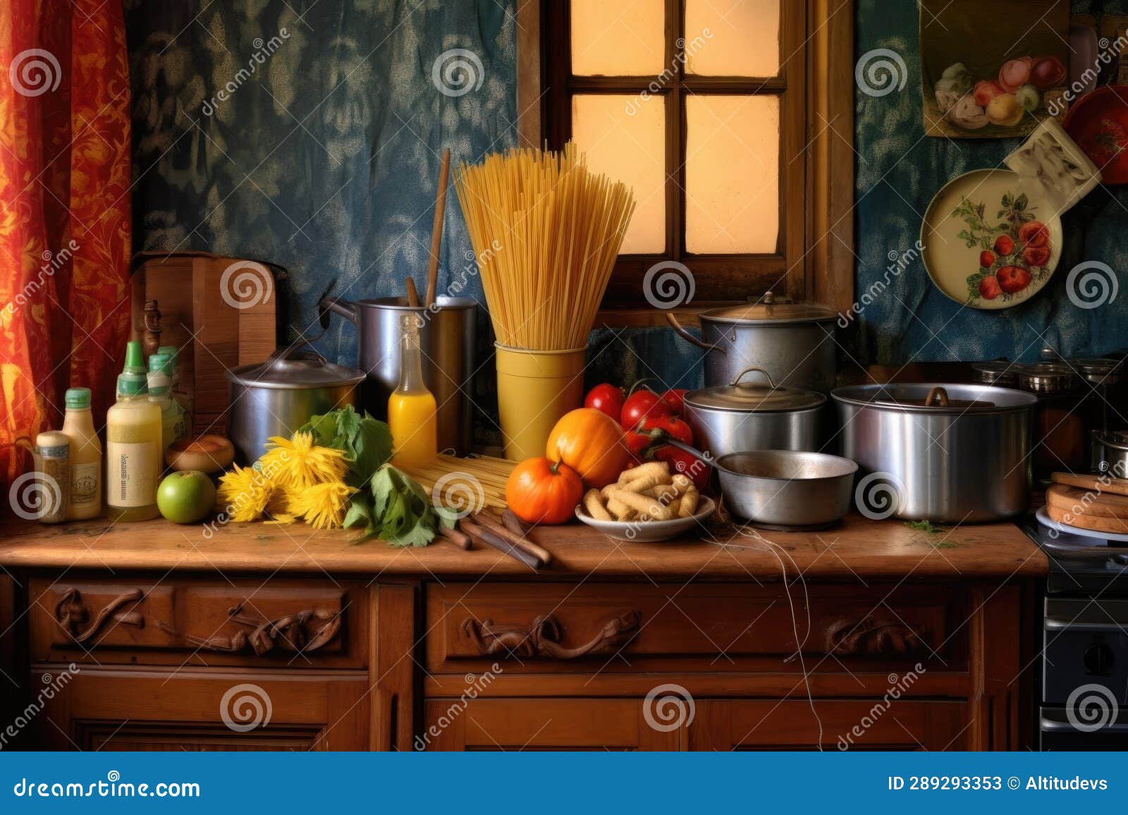 Kitchen Counter with Pasta Tools and Ingredients Stock Image - Image of ...
