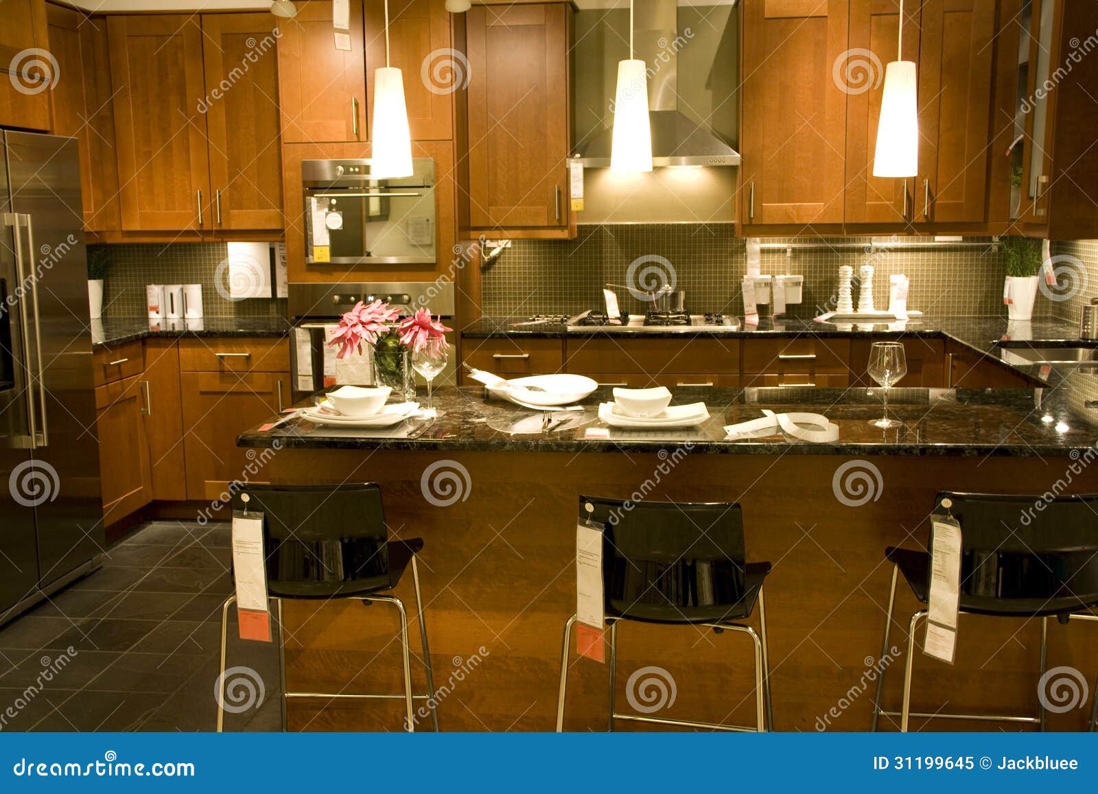 Kitchen Counter Setting Home Interiors Stock Image - Image of chairs ...