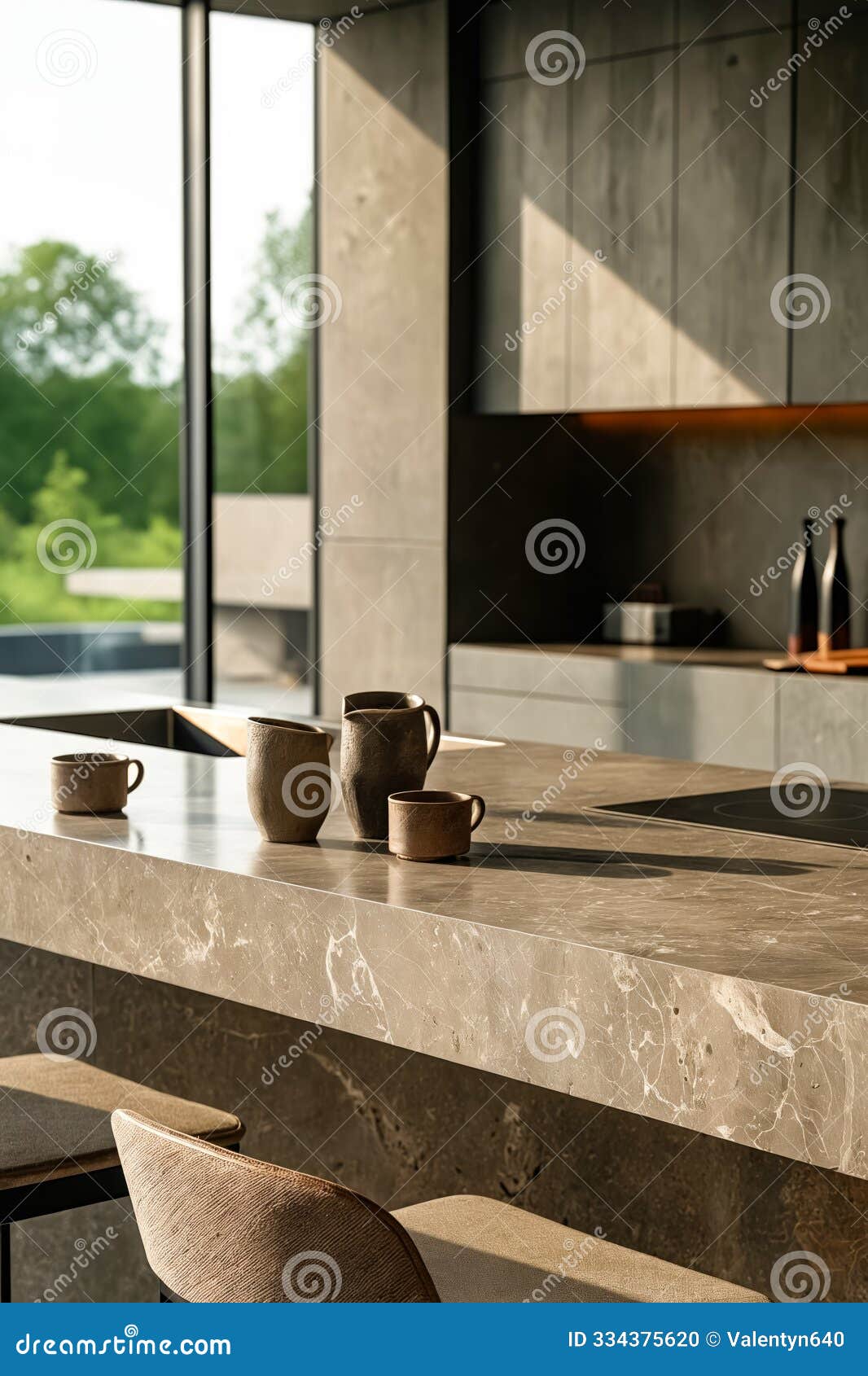 A Kitchen Counter Top with Two Chairs and a Sink Stock Photo - Image of ...