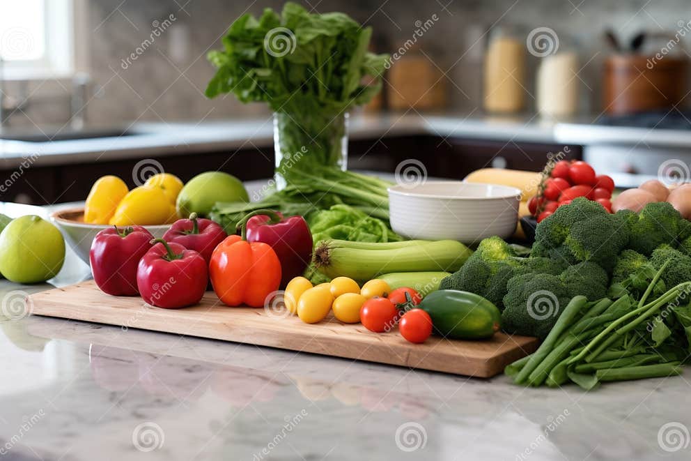 A Kitchen Countertop with Assorted Fresh Fruit and Vegetables Stock ...