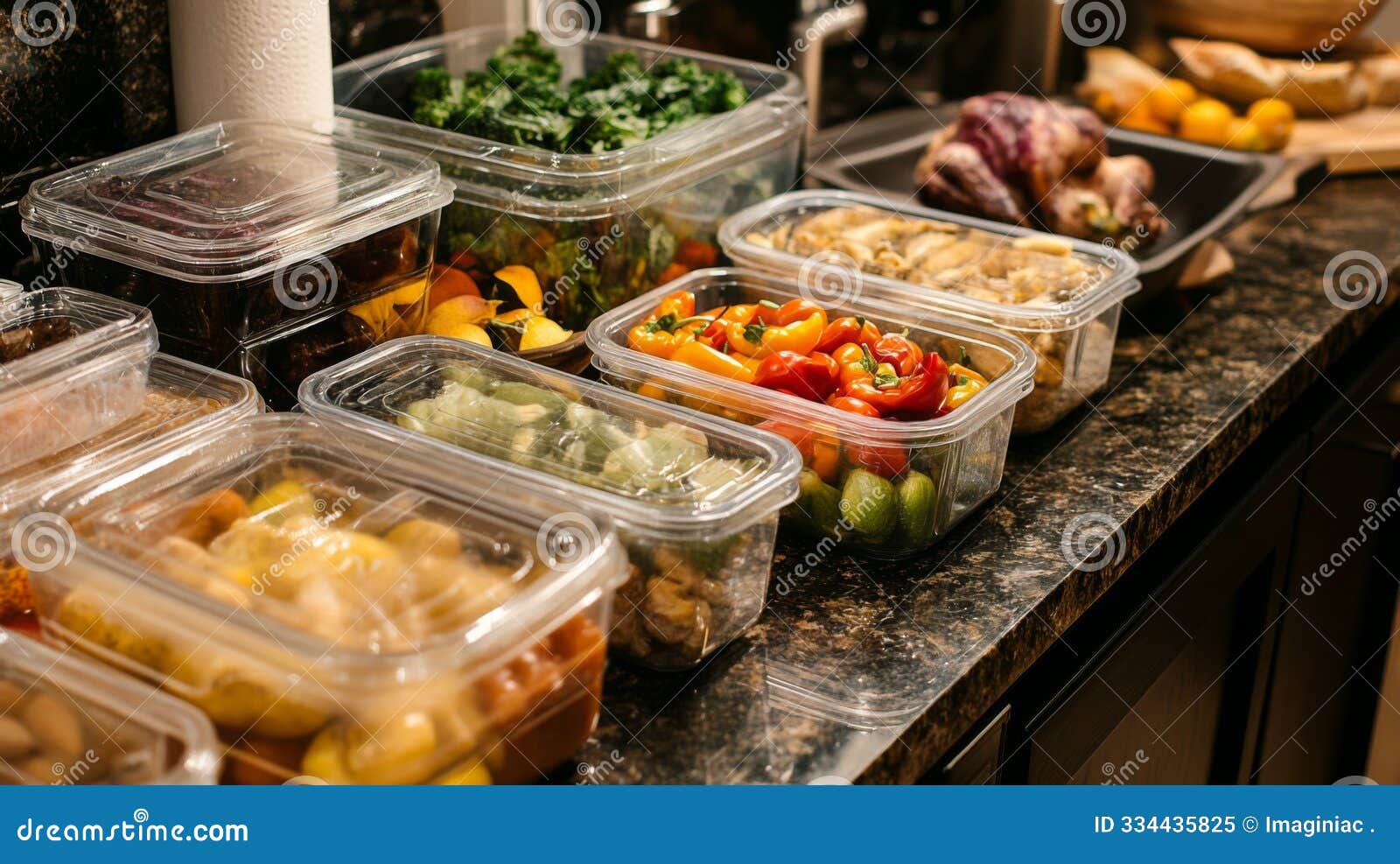 A Kitchen Countertop Filled with Plastic Containers of Various Foods ...