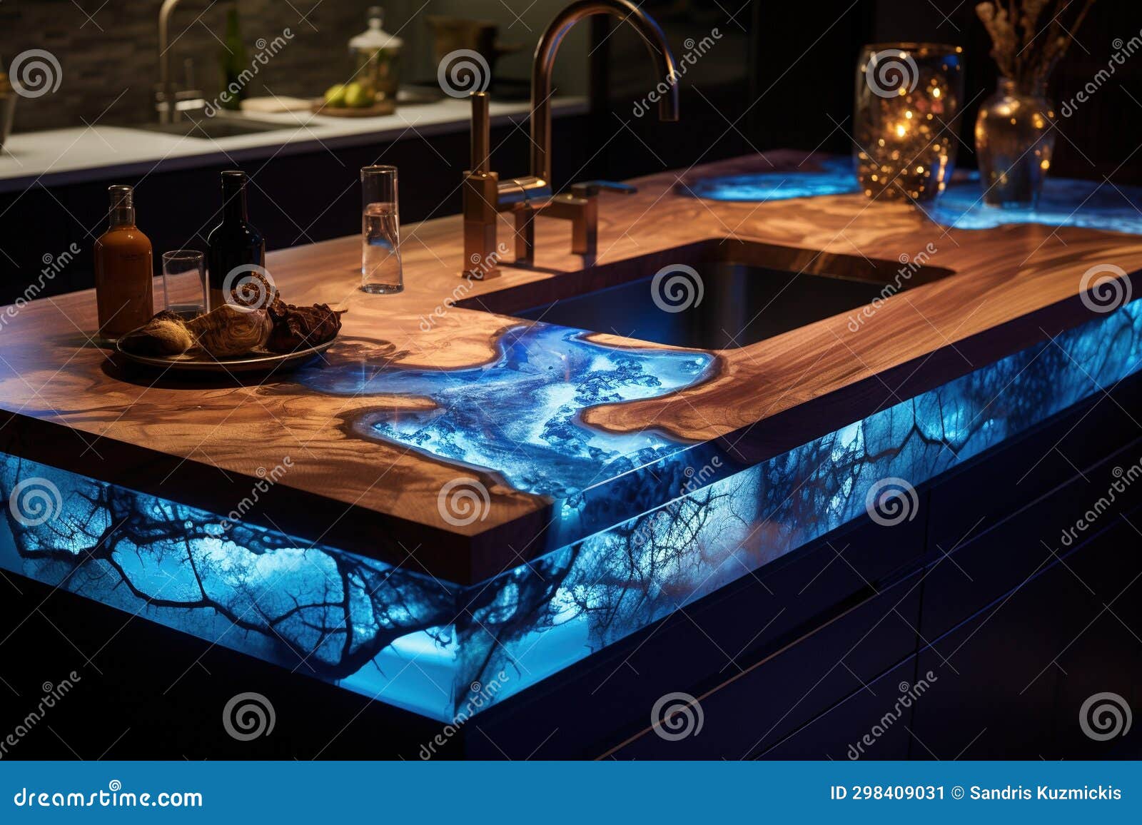 Kitchen Countertops Made of Wood, Crystal and Geode. Generative AI ...