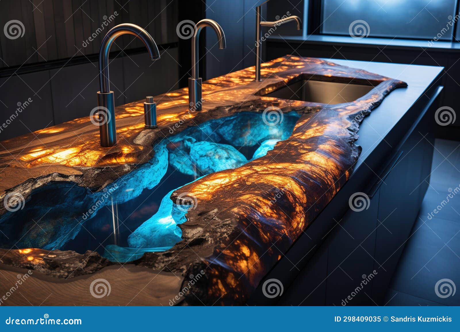 Kitchen Countertops Made of Wood, Crystal and Geode. Generative AI ...