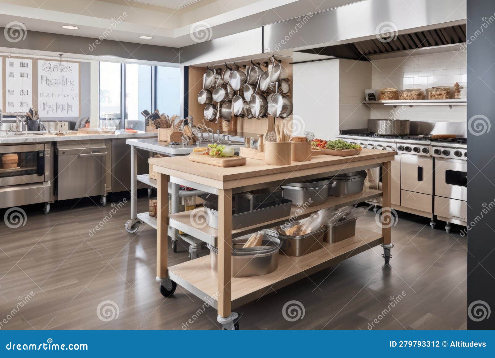 Kitchen with Custom-built Cooking Stations and Rolling Carts for Easy ...