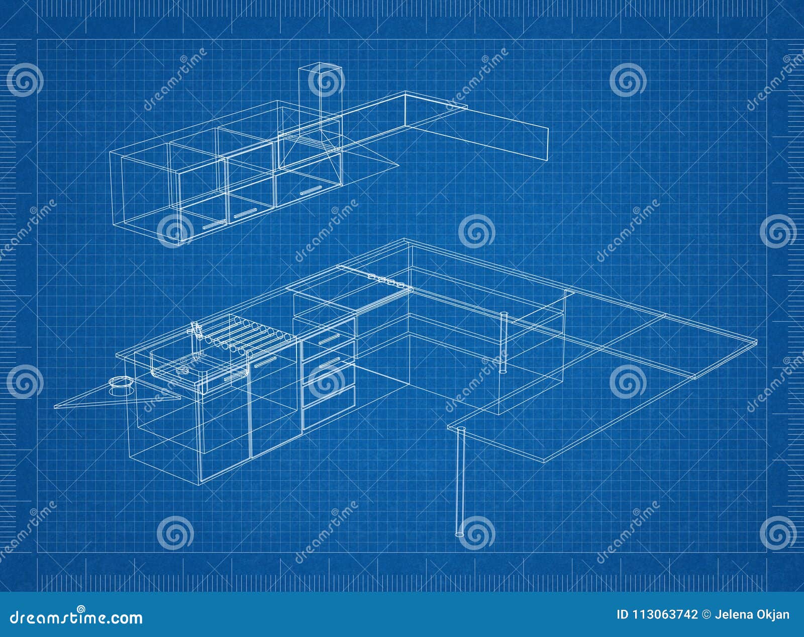 Kitchen 3D blueprint stock illustration. Illustration of drawing ...
