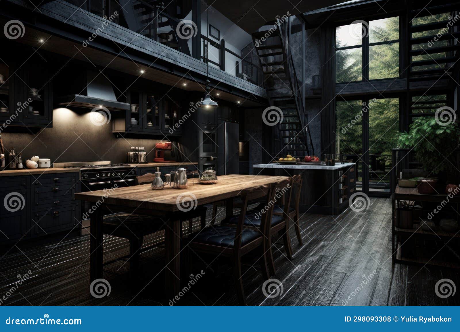 Kitchen Dark Interior. Generate Ai Stock Photo - Image of clean, island: 298093308