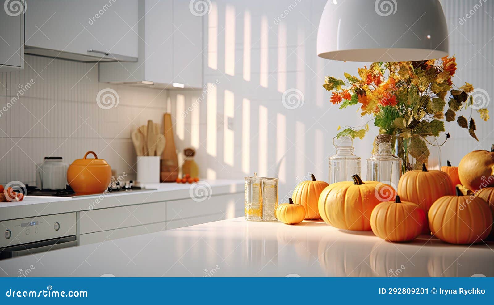 Kitchen Decorated for Fall with Orange Pumpkins and Leaves Stock Image ...