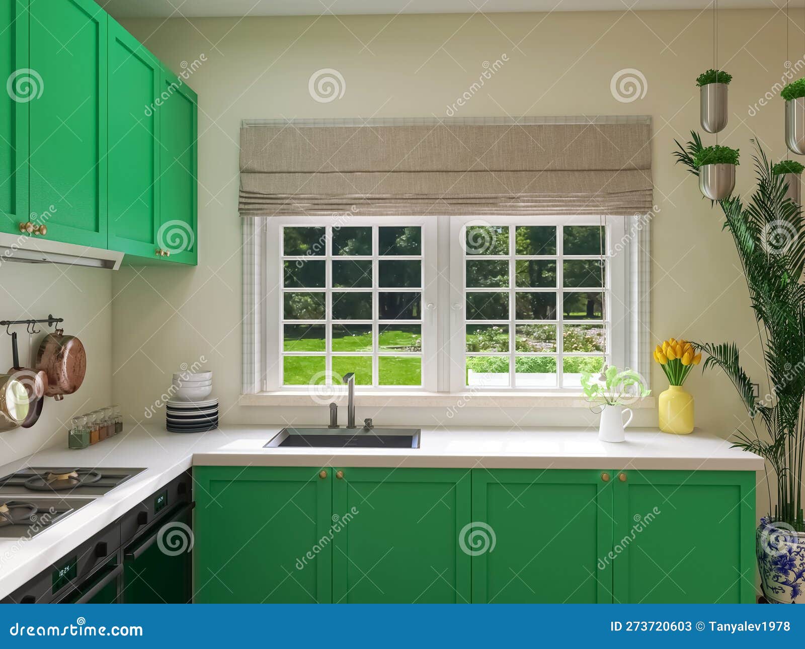 Kitchen Design with Window 3d Render, 3d Illustration Stock ...