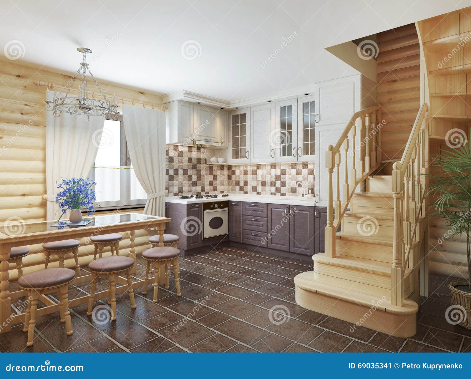 Kitchen and Dining Area in a Log Interior Staircase To the Second Floor ...
