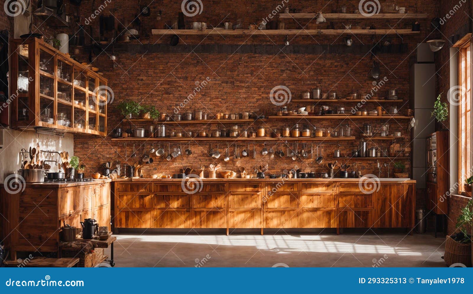 Kitchen with Dishes in Loft Style Wall Stock Illustration ...
