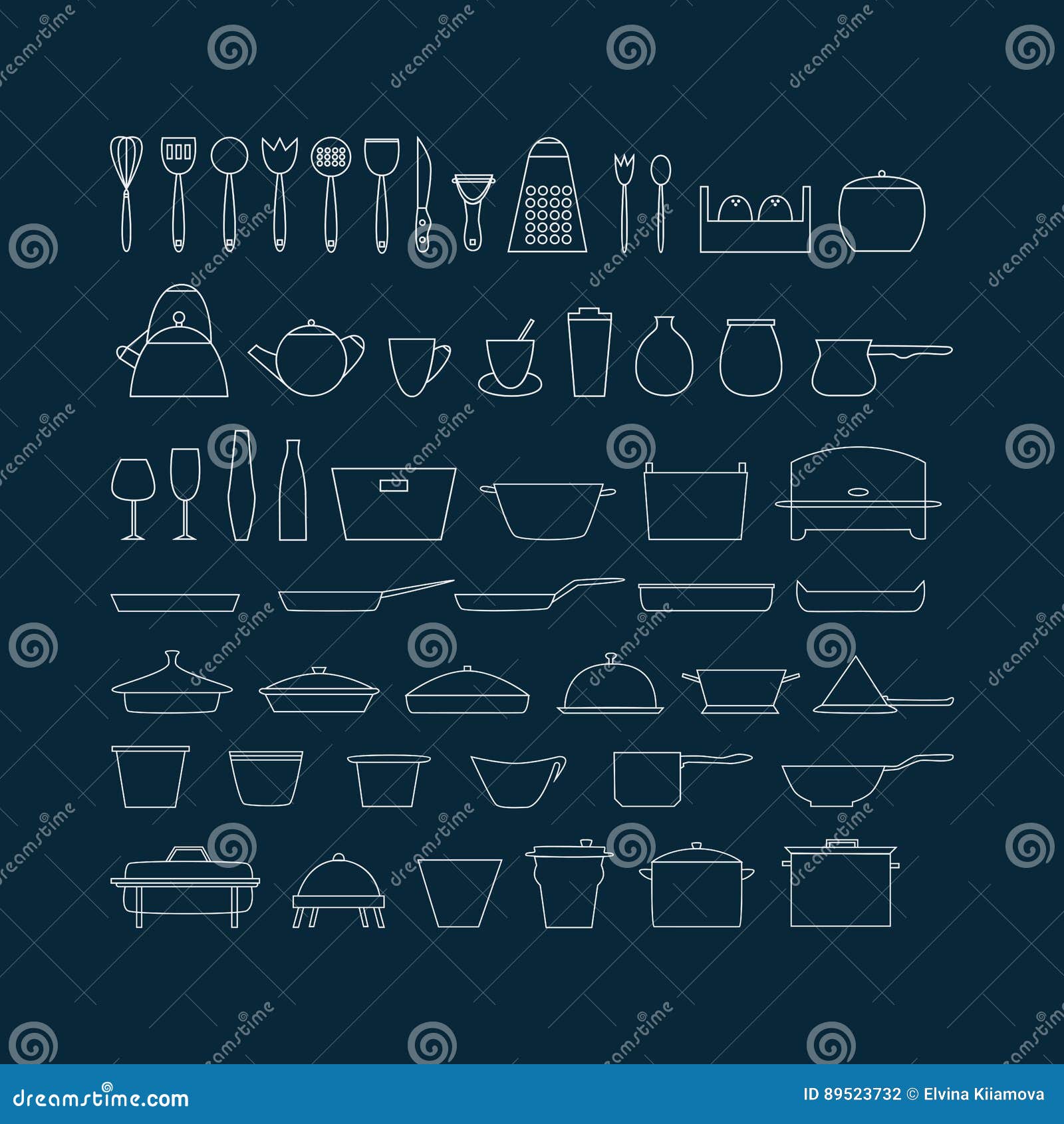 Kitchen Dishes and Utensils Outline Icons. Stock Illustration ...