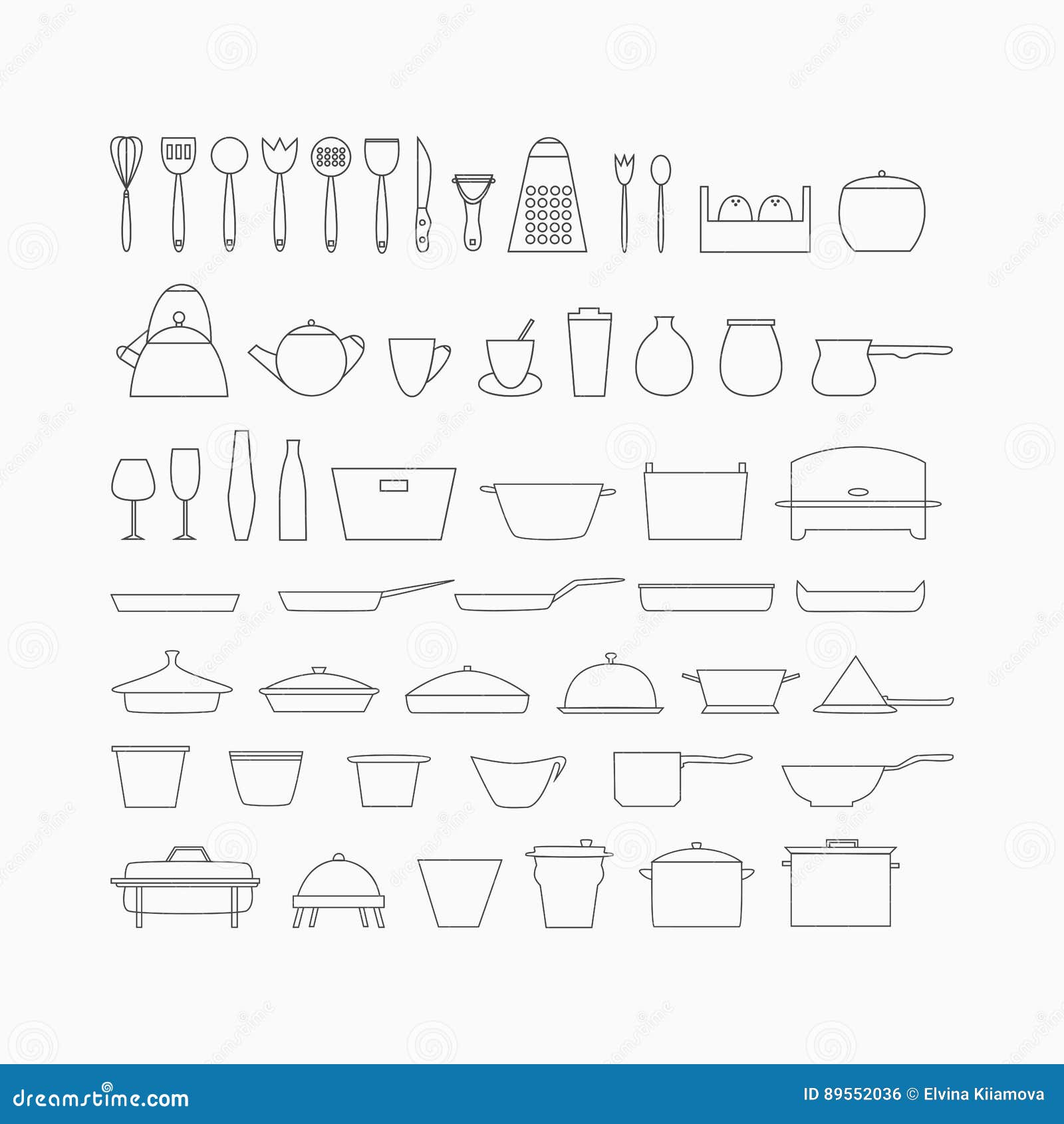 Kitchen Dishes and Utensils Outline Icons. Stock Vector - Illustration ...