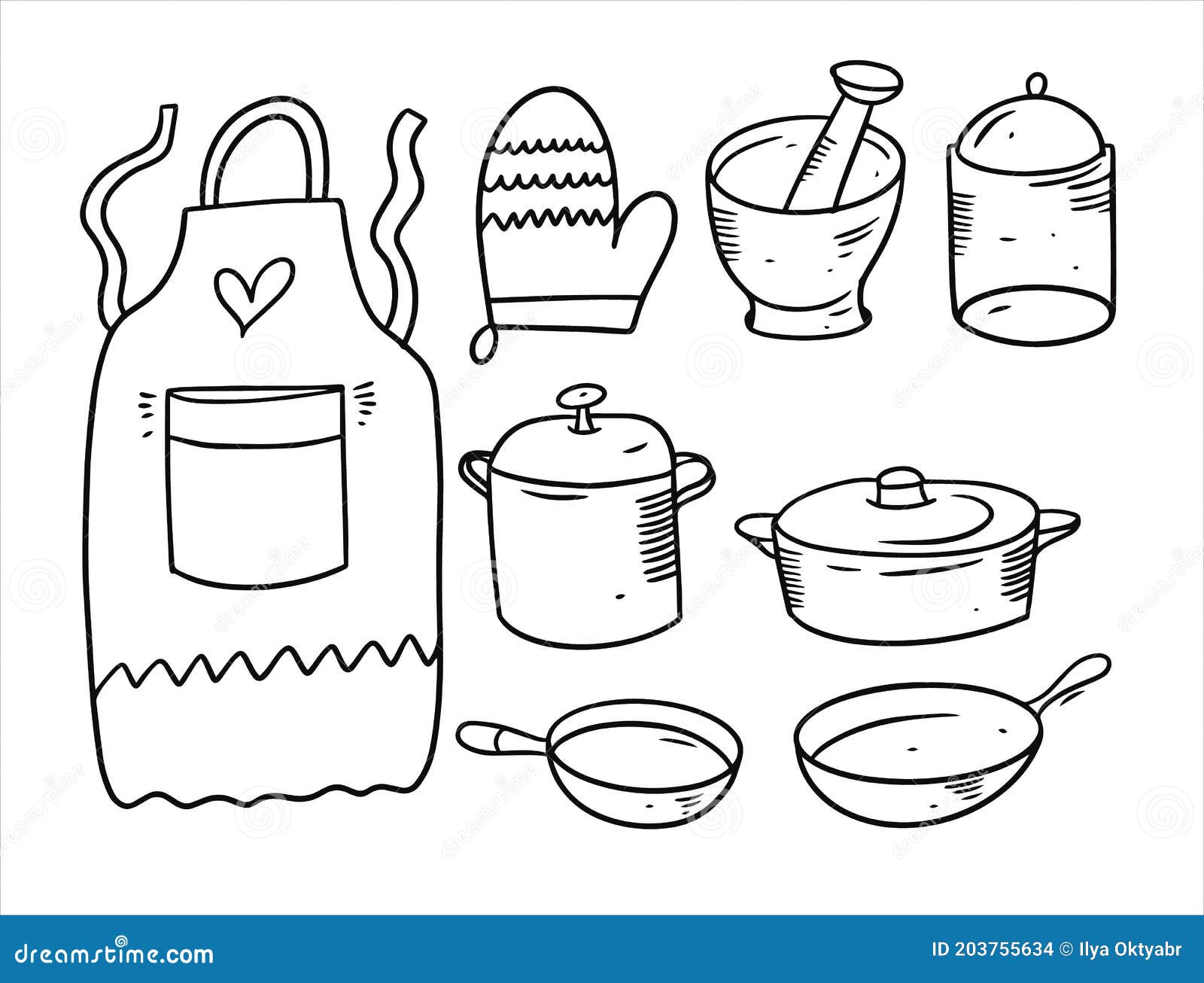 Kitchen Doodle Elements Set. Black Color Hand Drawing Sketch Stock ...