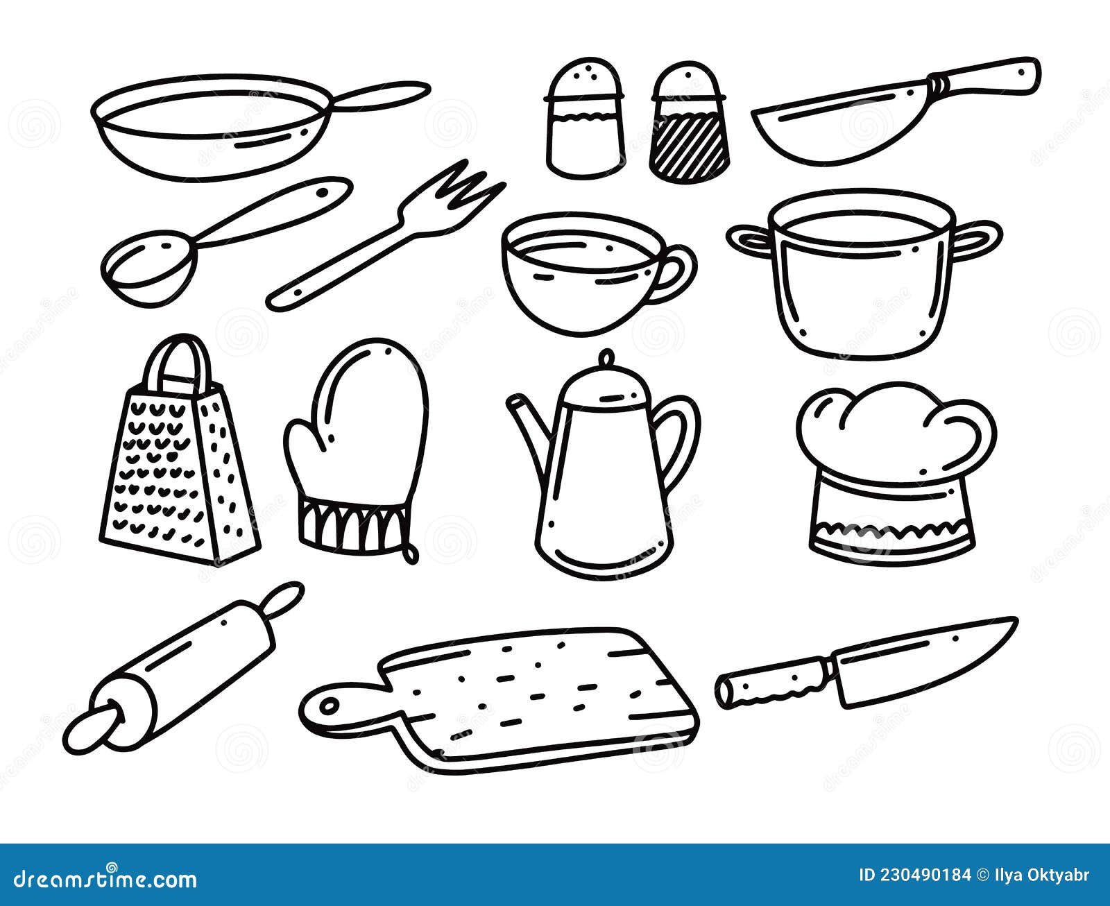 Kitchen Doodle Elements Set. Black Color Objects Vector Illustration ...