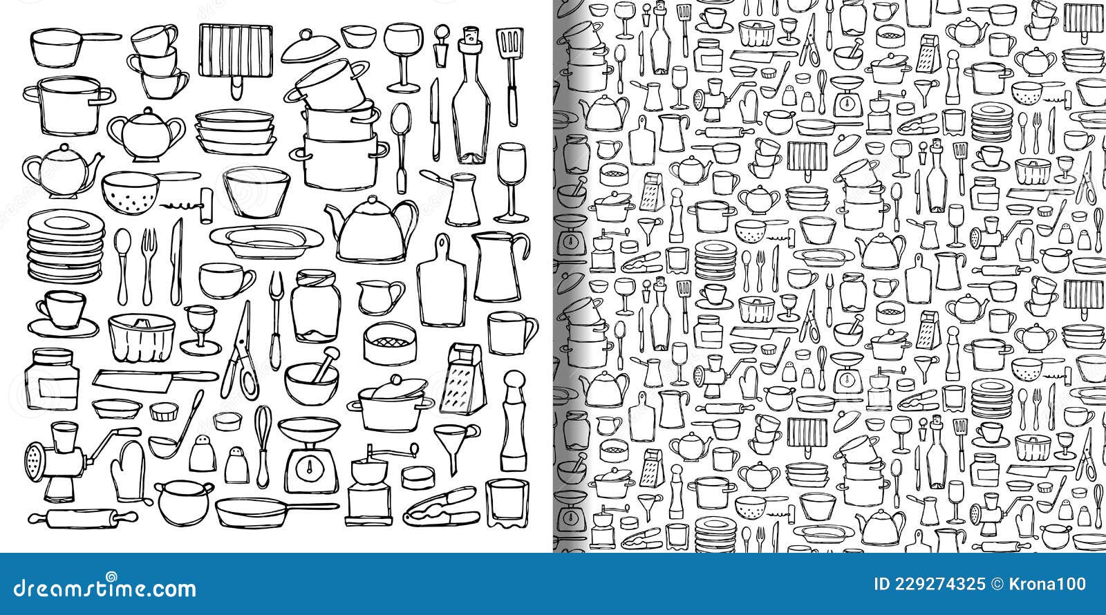Kitchen Doodle Hand Drawn Set and Seamless Pattern Stock Vector ...