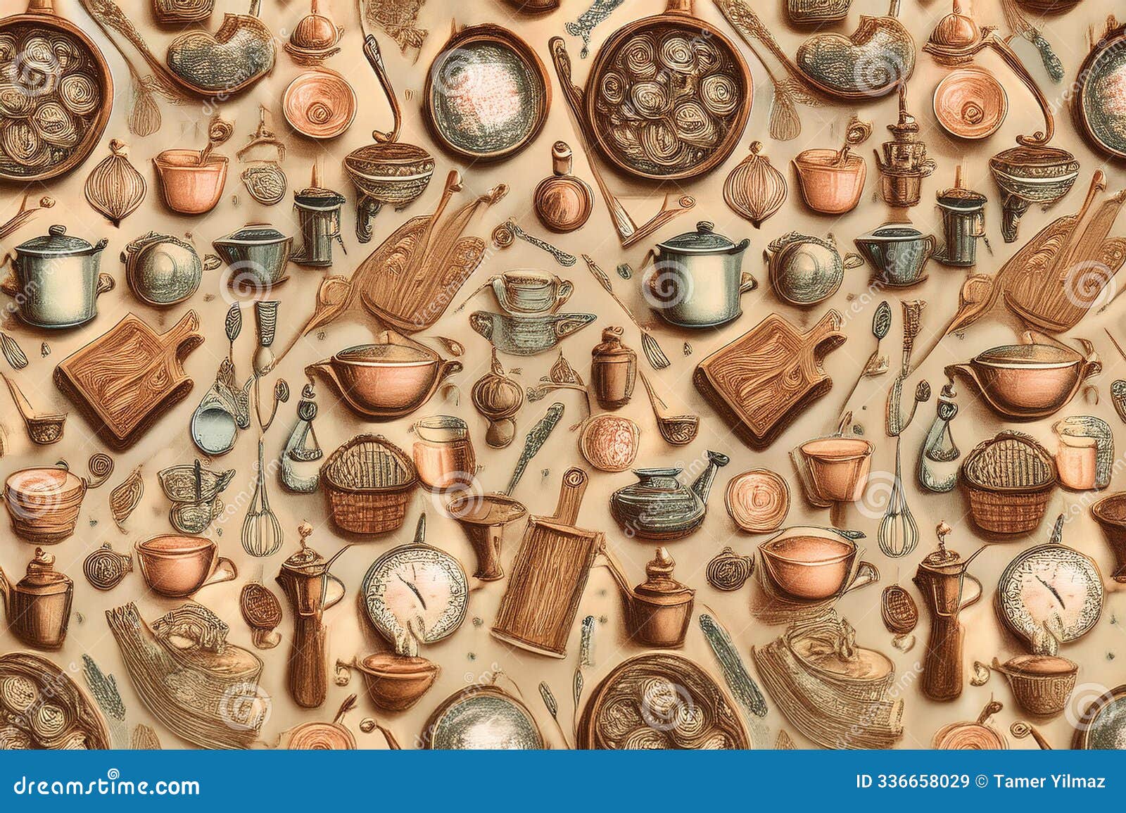 Kitchen Doodle Seamless Pattern Backround Hand Drawing Cooking Icon ...