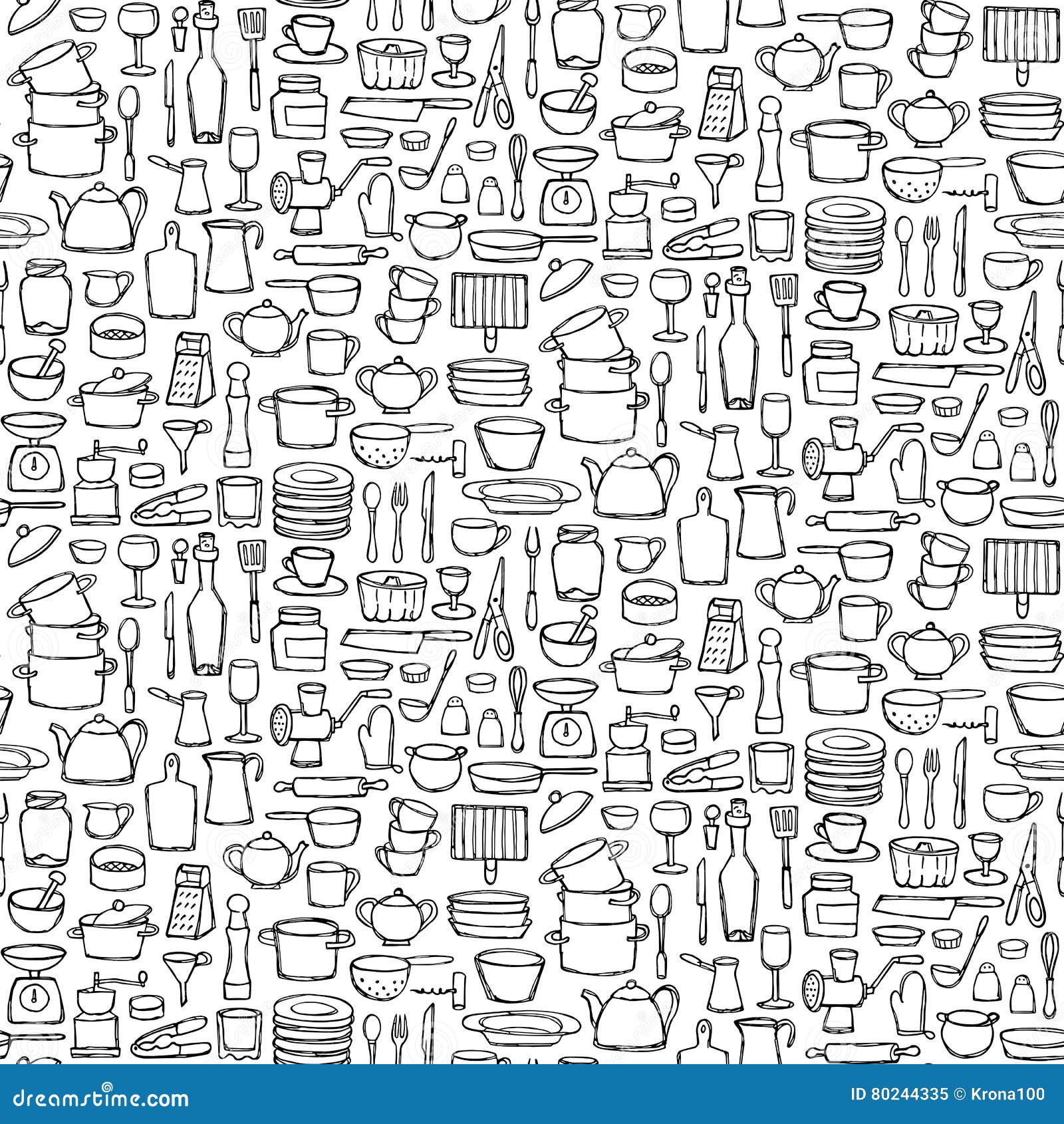 Kitchen Doodle Seamless Pattern Stock Vector - Illustration of plates ...
