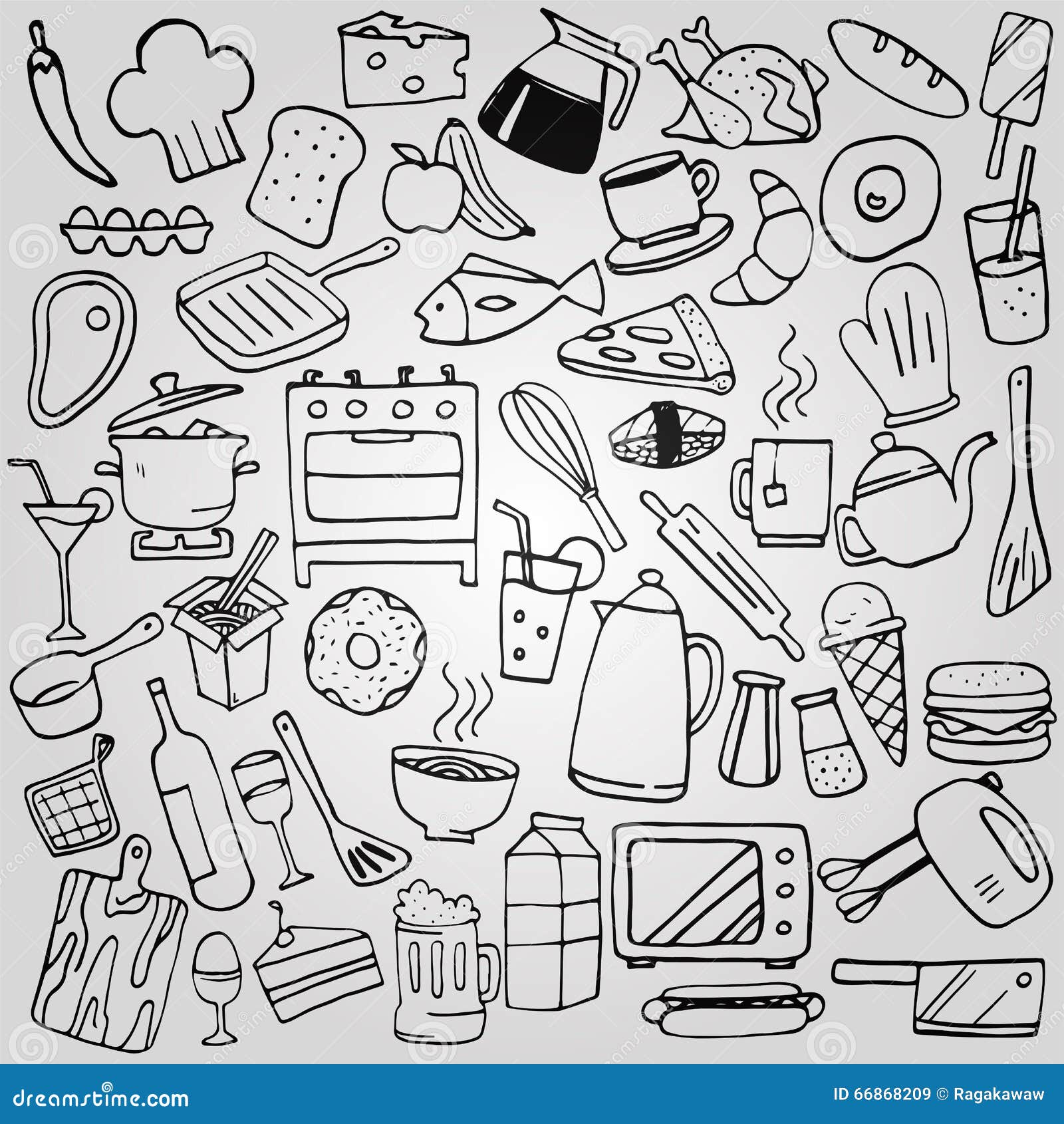 Kitchen Doodles Collection Set Stock Vector - Illustration of dishware ...