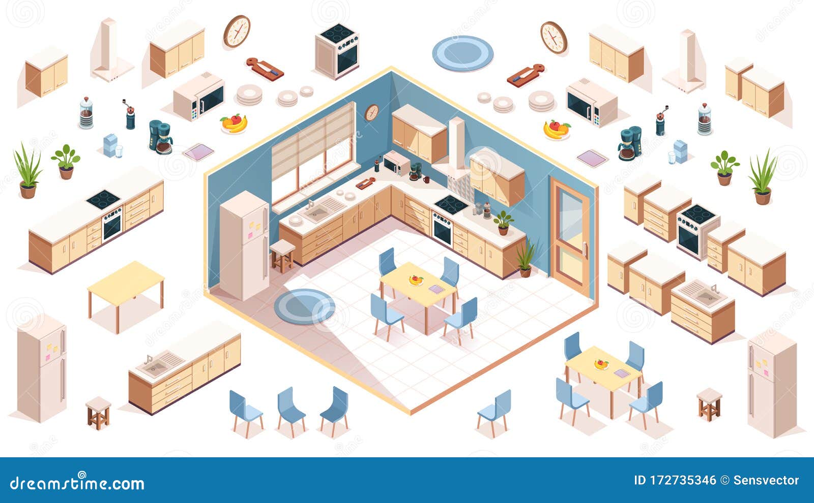 Kitchen Elements for Room Design. Isometric Stock Vector - Illustration ...