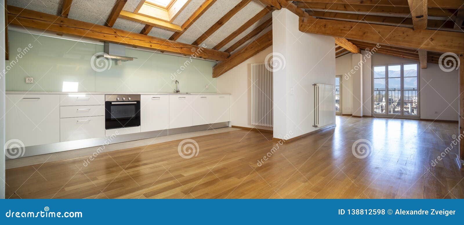 Kitchen in Empty Apartment with Wooden Beams Stock Photo - Image of ...