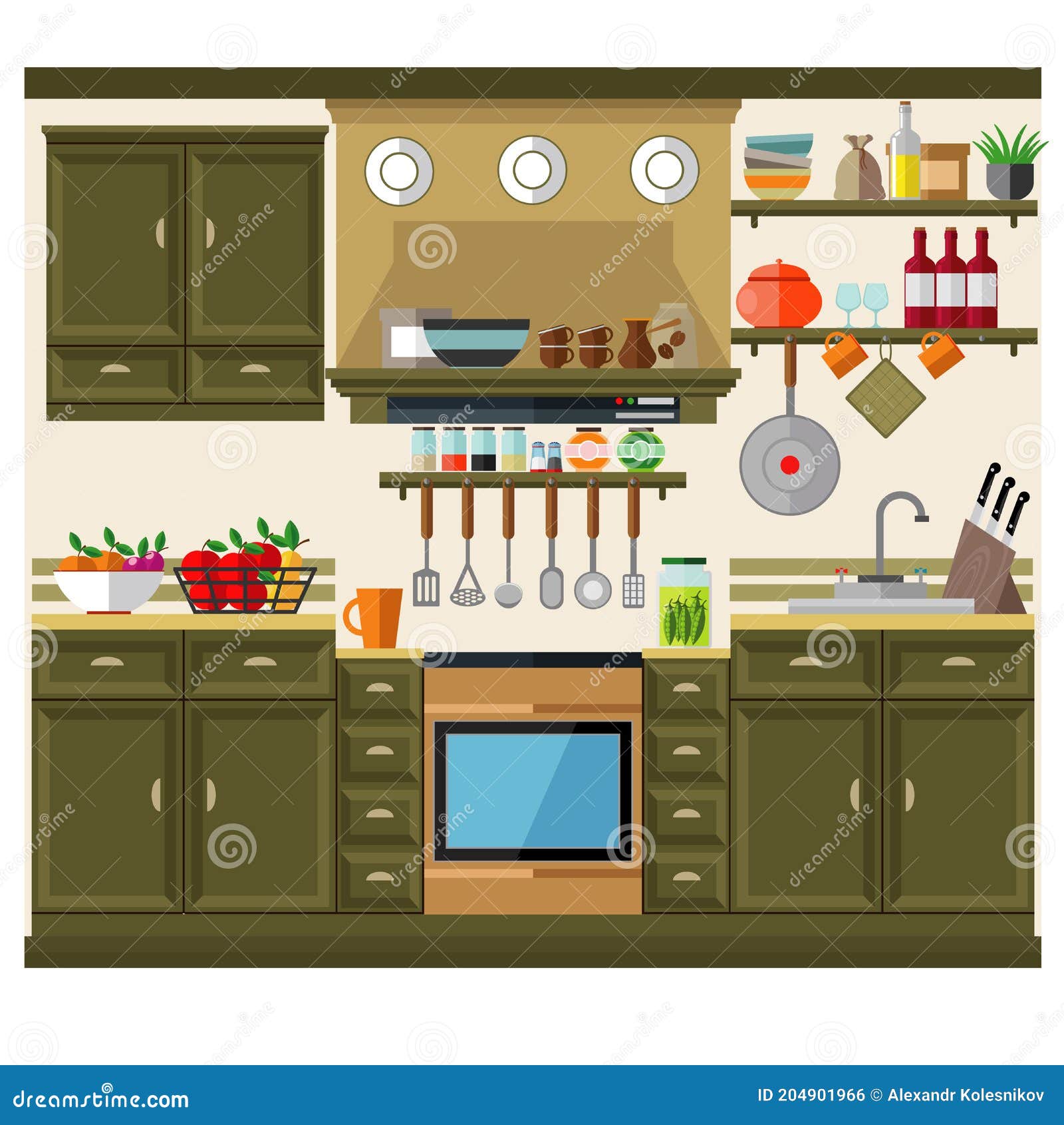 The Kitchen is Equipped with Green Cabinets a Stove and Kitchenware ...