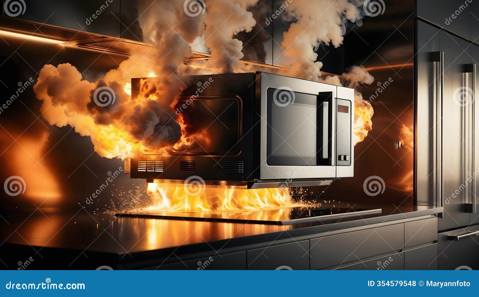 Kitchen Explosion with Fire and Smoke in Modern Microwave Stock ...
