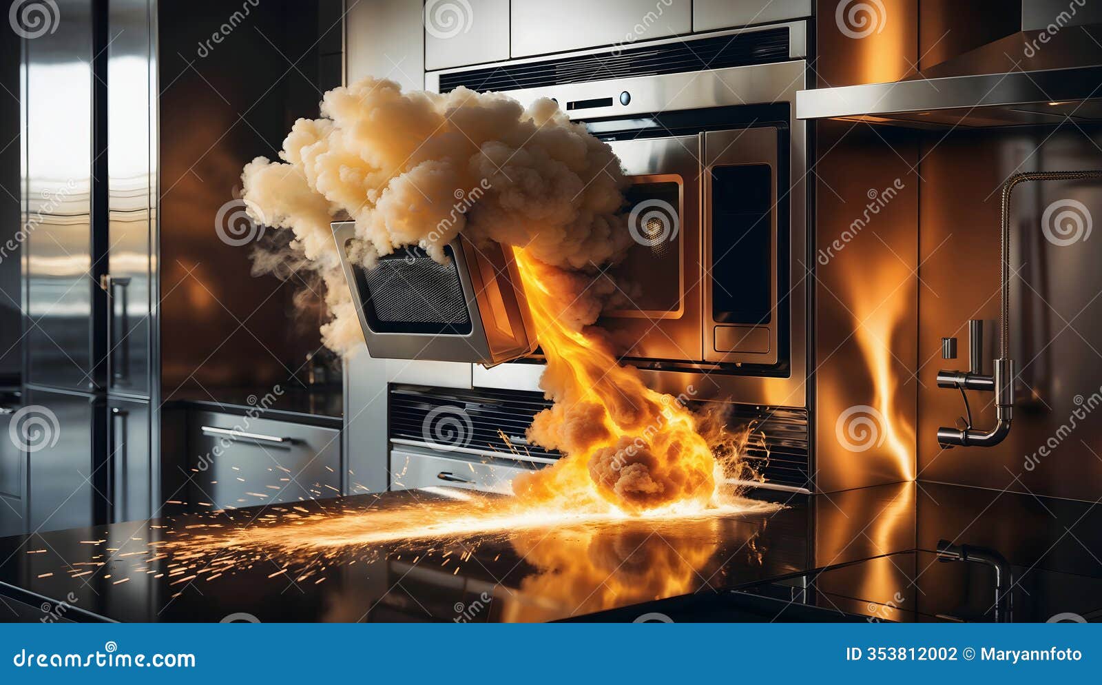 Kitchen Explosion with Fire and Smoke in Modern Oven Stock Illustration ...