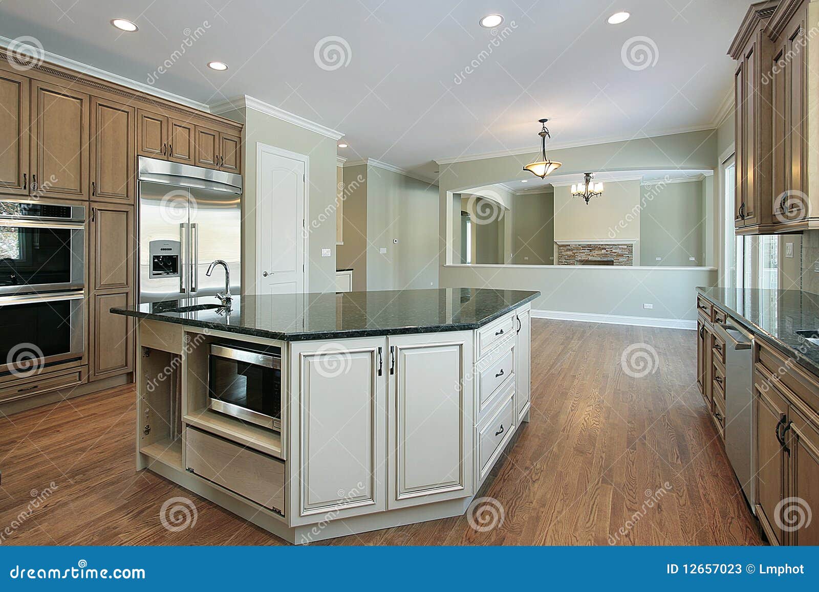 Kitchen with Family Room View Stock Image - Image of dining, fixtures ...