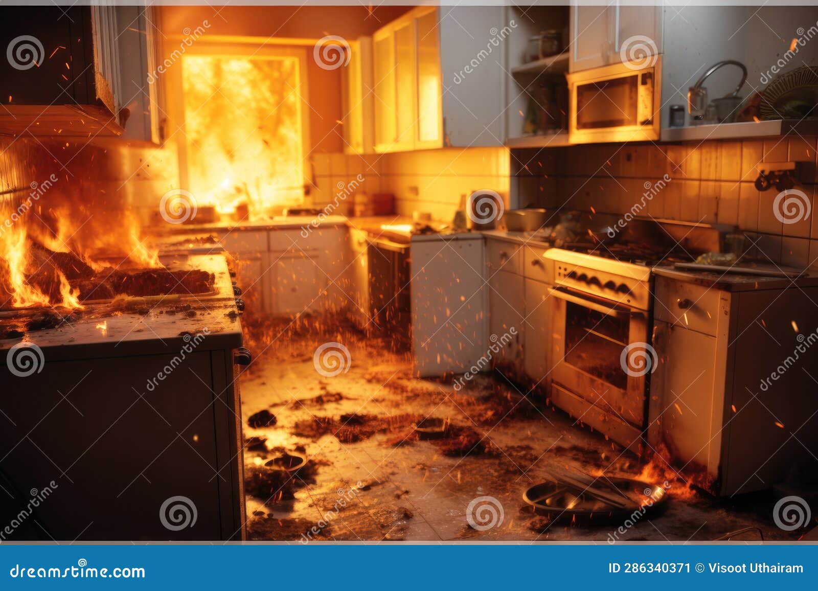 Kitchen Fire, Fire Raging in Domestic Kitchen Stock Illustration ...