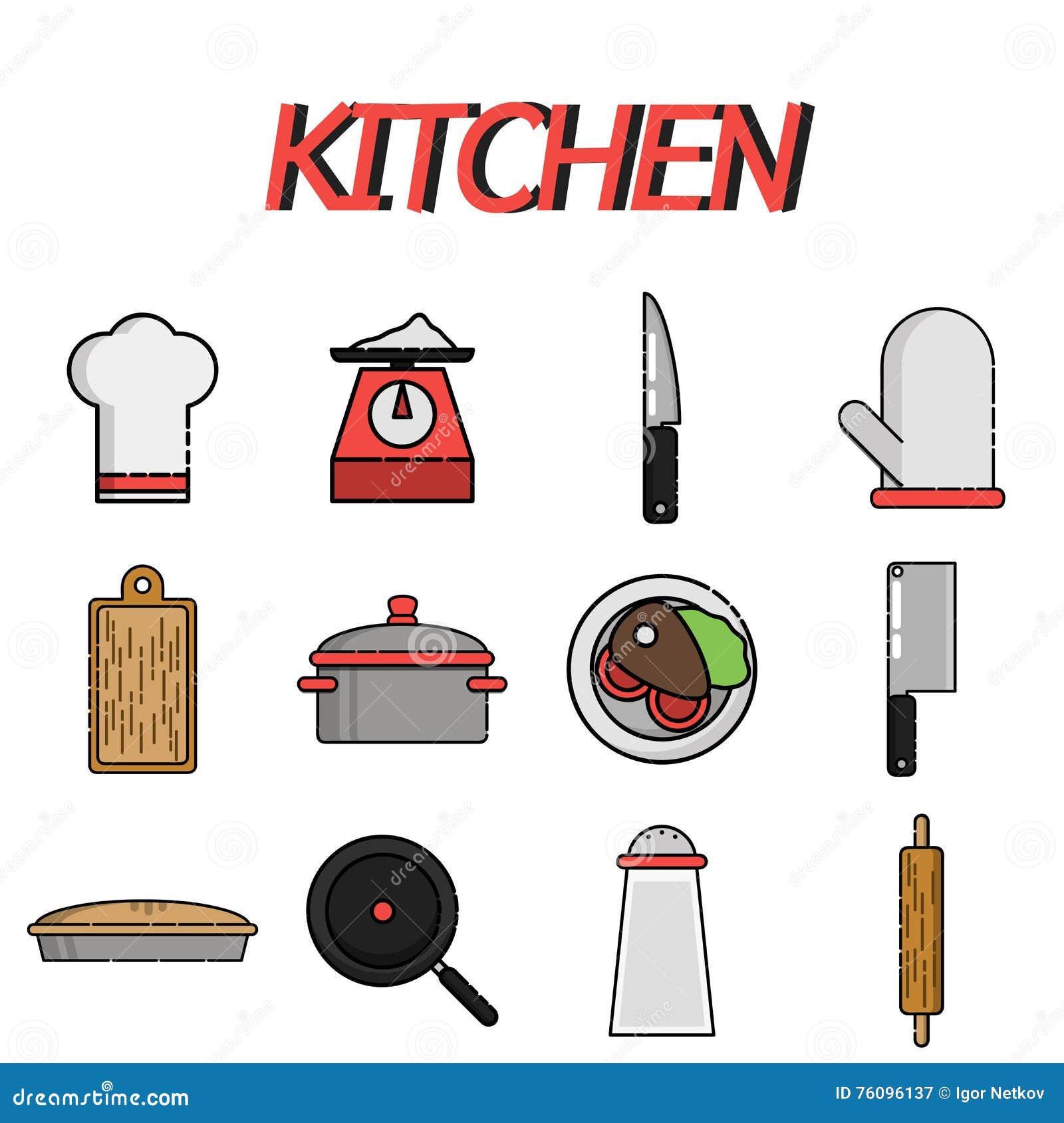 Kitchen flat icon set stock vector. Illustration of bowls - 76096137