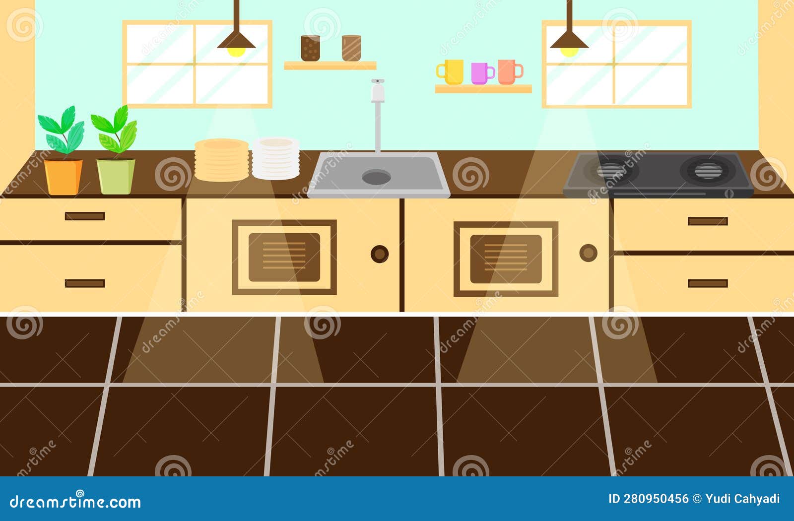 Modern Kitchen Flat Illustration with Cups, Plate with Bright of Lamp ...