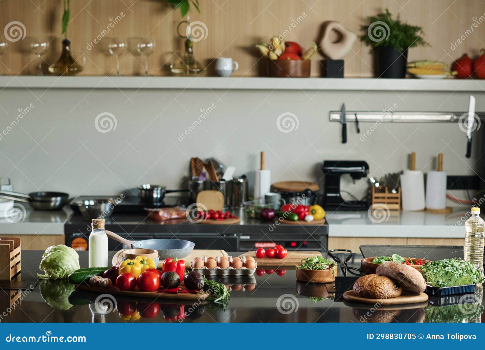 Kitchen with Food on Table stock image. Image of interior - 298830705